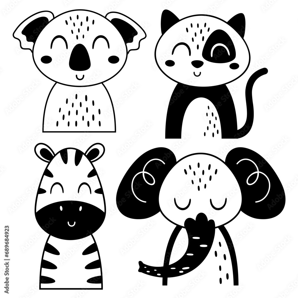 Black and white animals clipart in cartoon flat style. Cute woodland ...