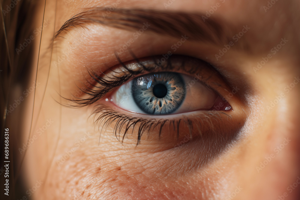 realistic macro blue female eye close up, tanned face with freckles and ...