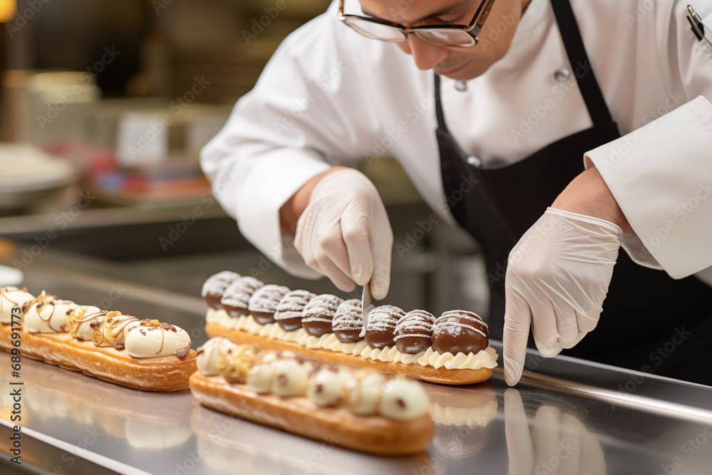 Pastry chef piping cream on éclairs, leaving room for messages on the ...