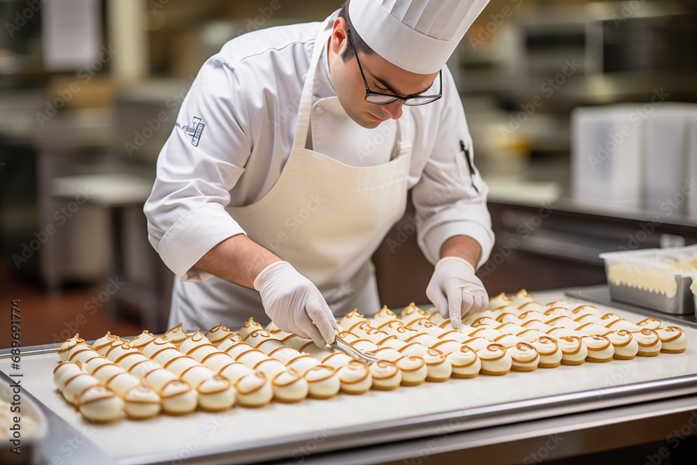 Pastry chef piping cream on éclairs, leaving room for messages on the ...
