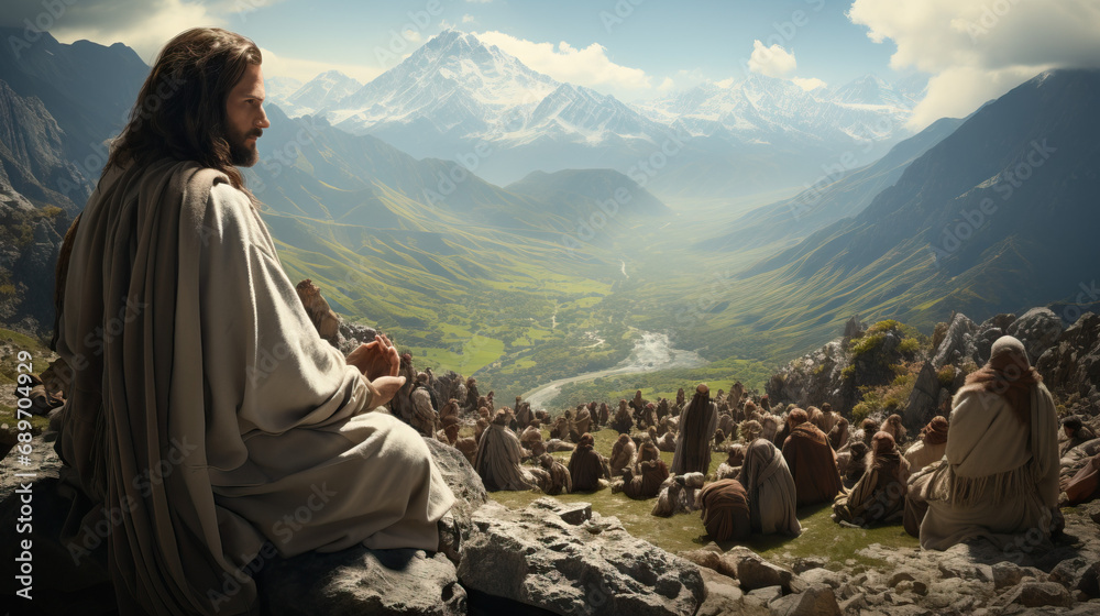 Jesus Teaching on a Mountainside, Surrounded by a Diverse Crowd ...