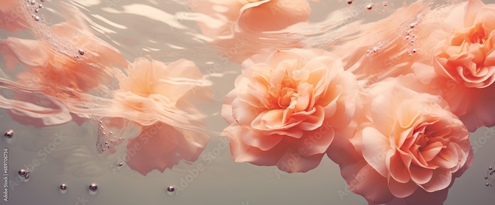 Romantic creative layout with roses floating in water. Minimal nature ...