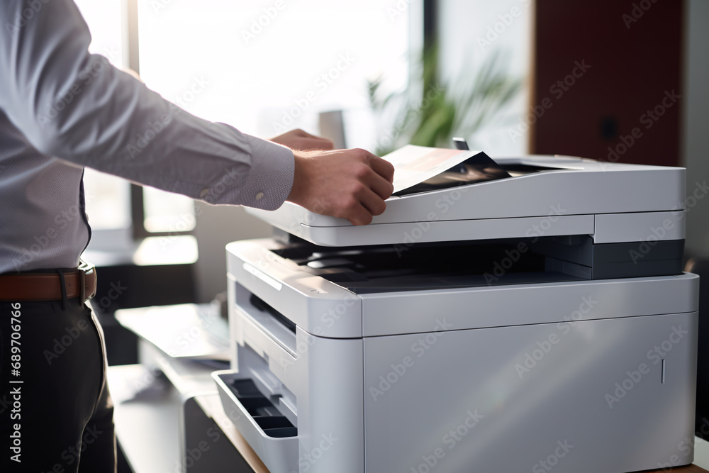 Businessman print paper on a multifunction laser printer in business ...