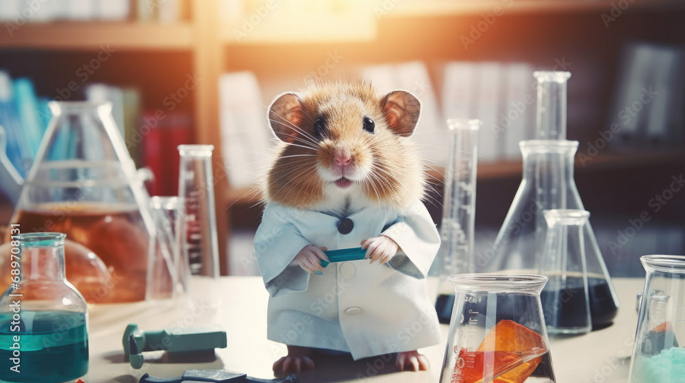 little hamster Doing science experiments with test tubes and beakers in ...