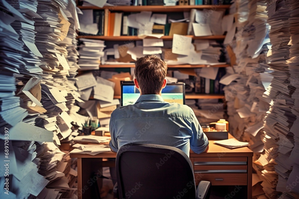Man in the workplace, full of work and folders, exhausted. rear view ...