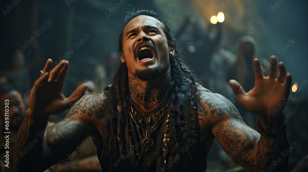 Maori Spiritual Leader Performing a Traditional Haka Dance in a Sacred ...