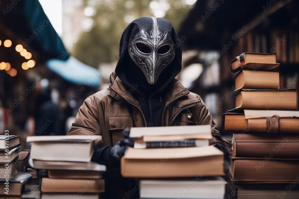 Street book seller A salesman in an alien mask sells old books at a ...
