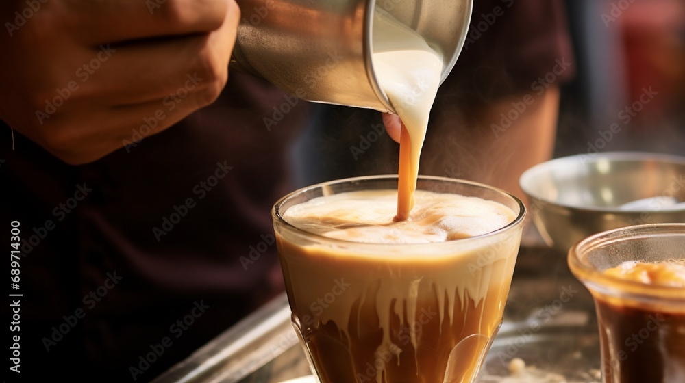 A close up picture of men preparing "teh tarik". Sweet milk tea been ...
