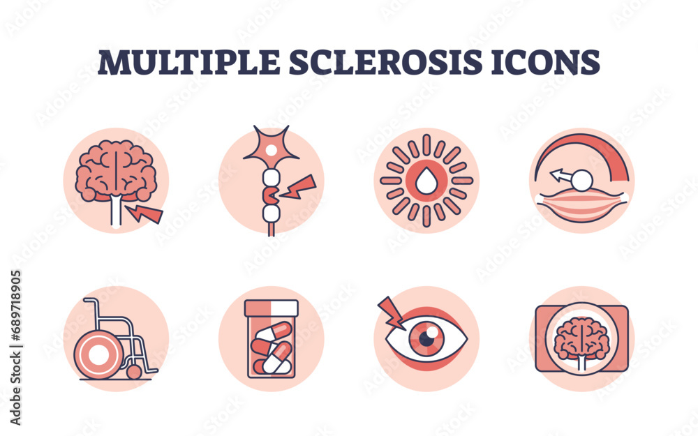 Multiple sclerosis simple icons with cause, symptoms or treatment ...