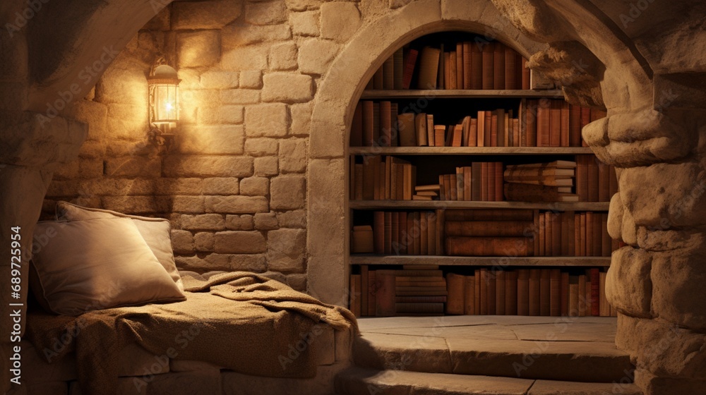 A secluded book alcove in a medieval castle, its stone walls lined with ...