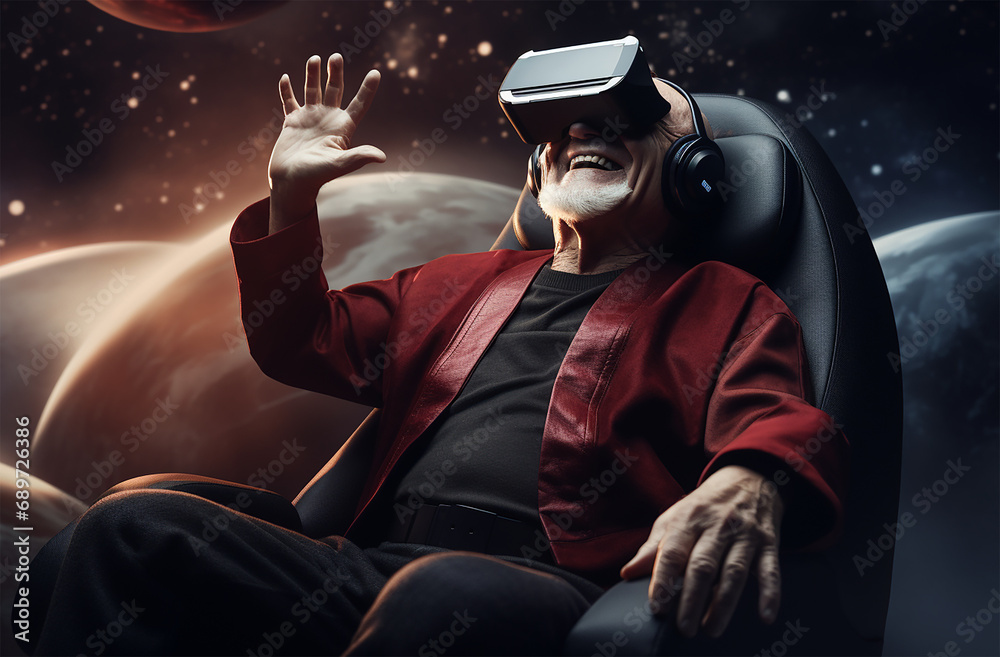An elderly person comfortably sitting on a couch, using a virtual ...