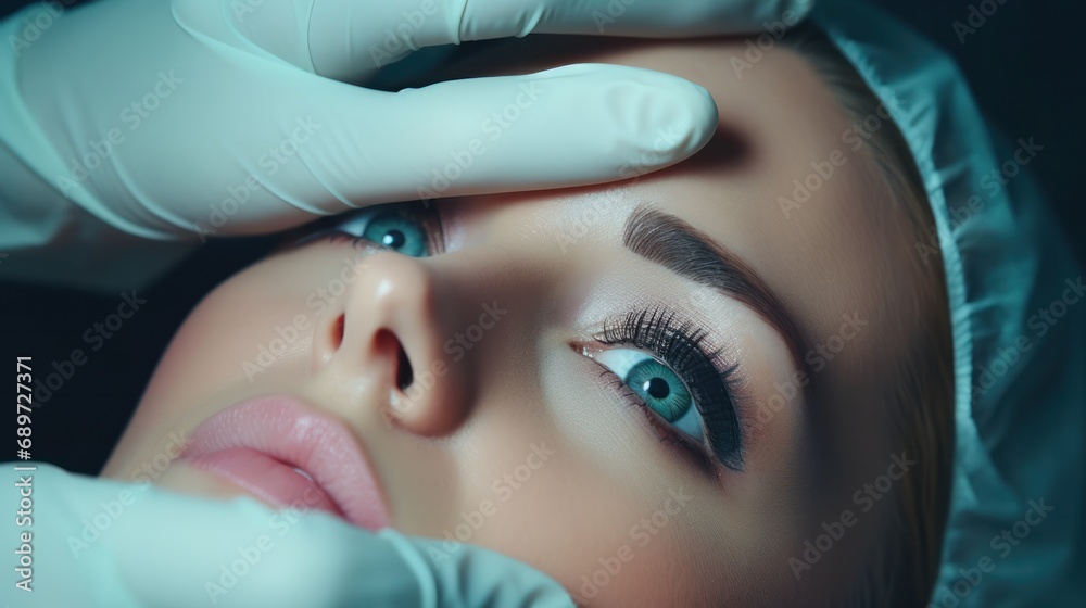Cosmetic surgery, beauty, Surgeon or beautician touching woman face ...