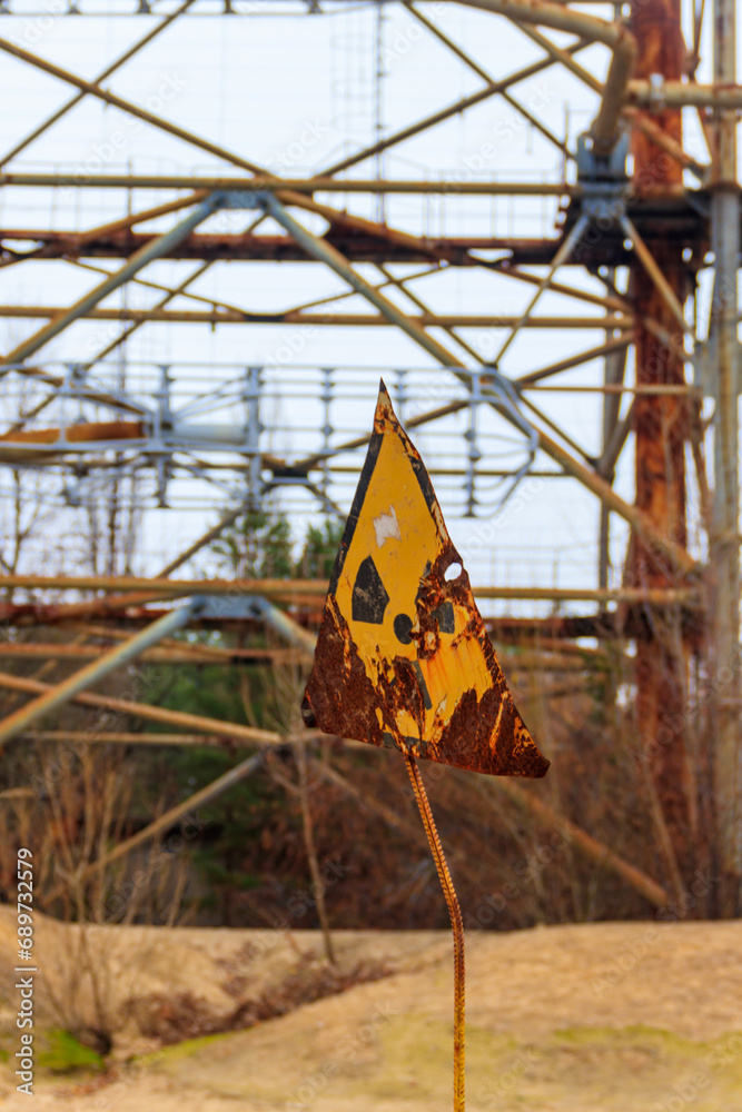 Radiation warning sign in front of Duga, a Soviet over-the-horizon (OTH ...