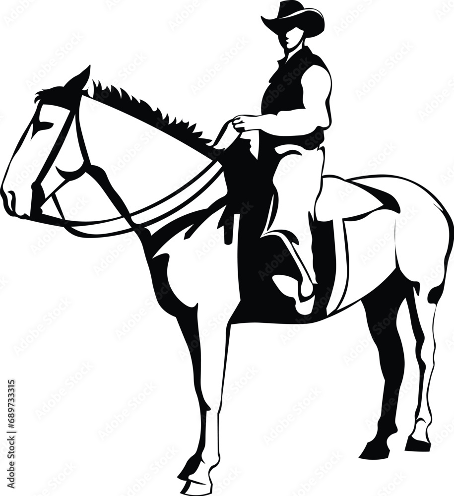 Cartoon Black and White Isolated Illustration Vector Of A Cowboy Riding ...