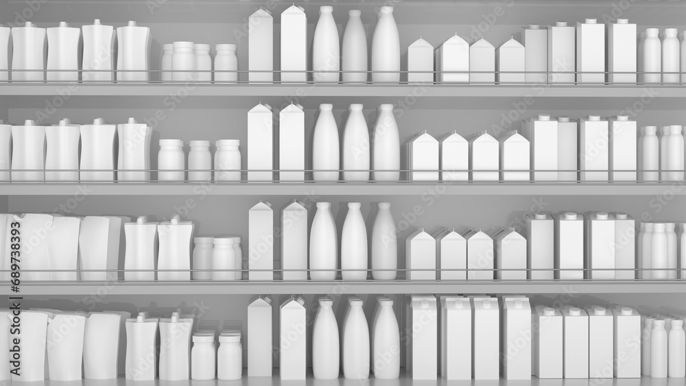 Shelves with products in a grocery store. Shopping in supermarket ...