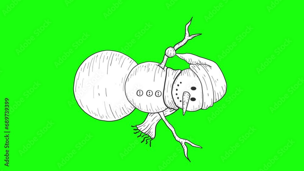 Animated hand drawn snowman rotating and isolated on vertical green ...