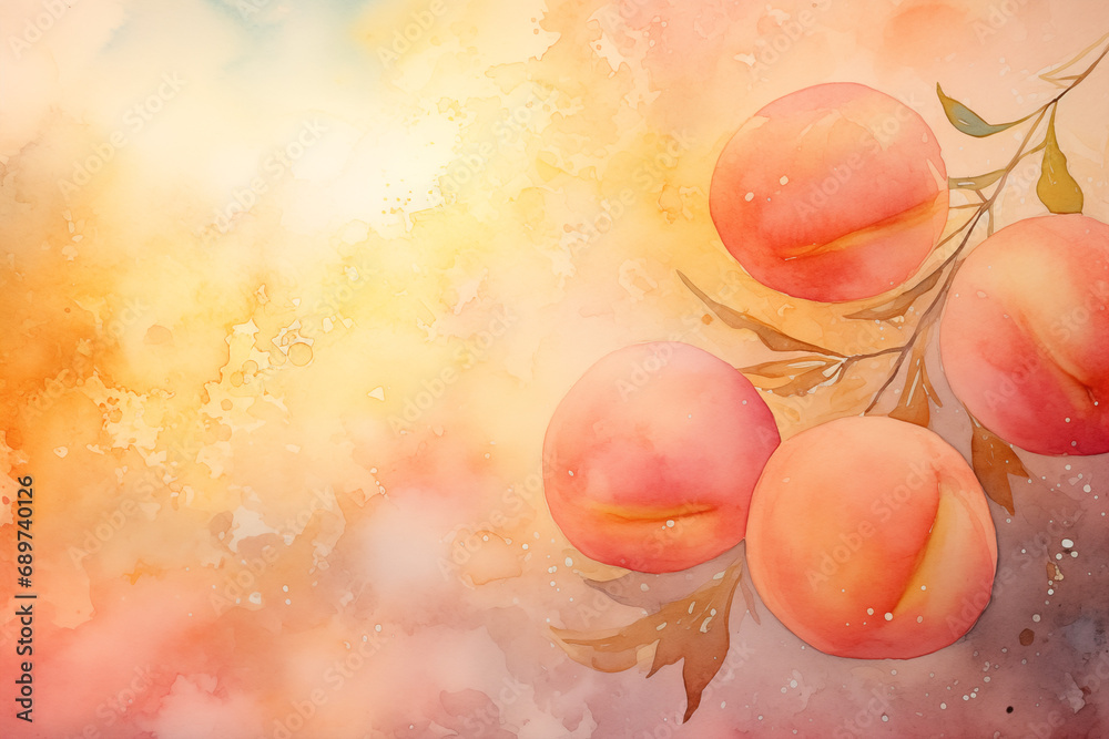 Whimsical watercolor illustration of ripe peaches on a branch, set ...