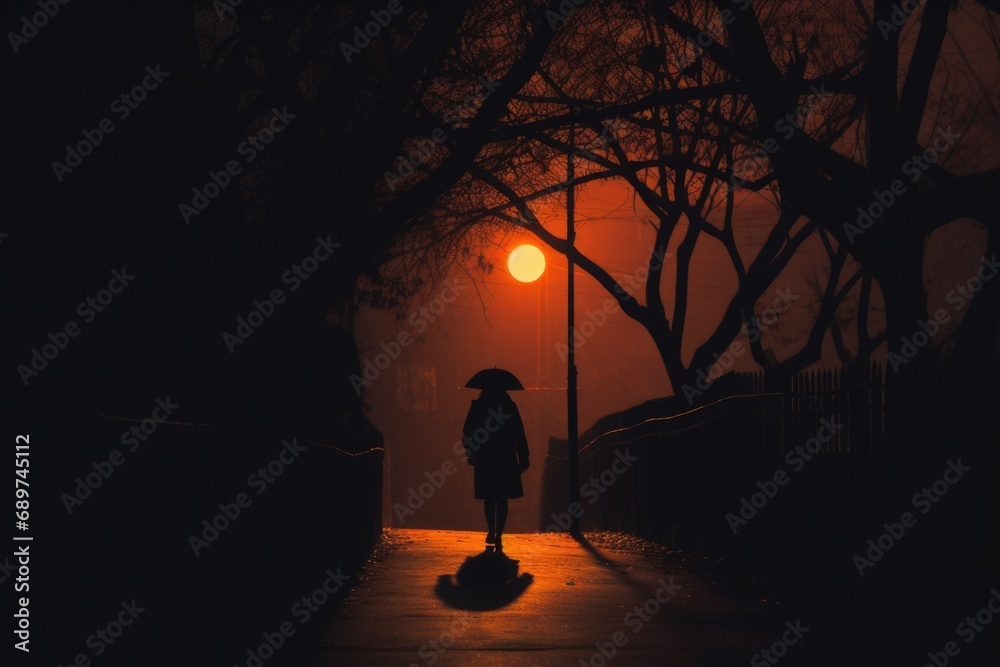 Isolated Park Pathway: A woman's silhouette navigating an isolated park ...