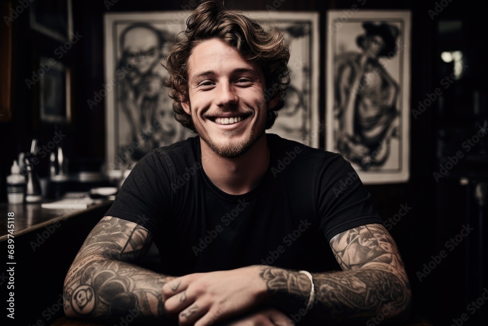 Joyful Tattoo Craftsman: Captured in a candid moment, a male tattoo ...