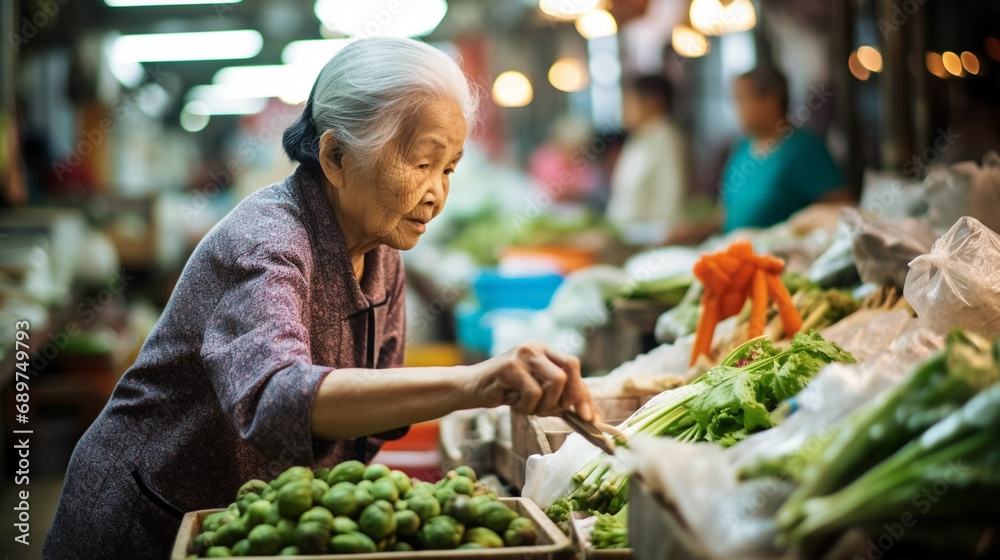 copy space, stockphoto, Elderly asian lady shopping on the food market ...
