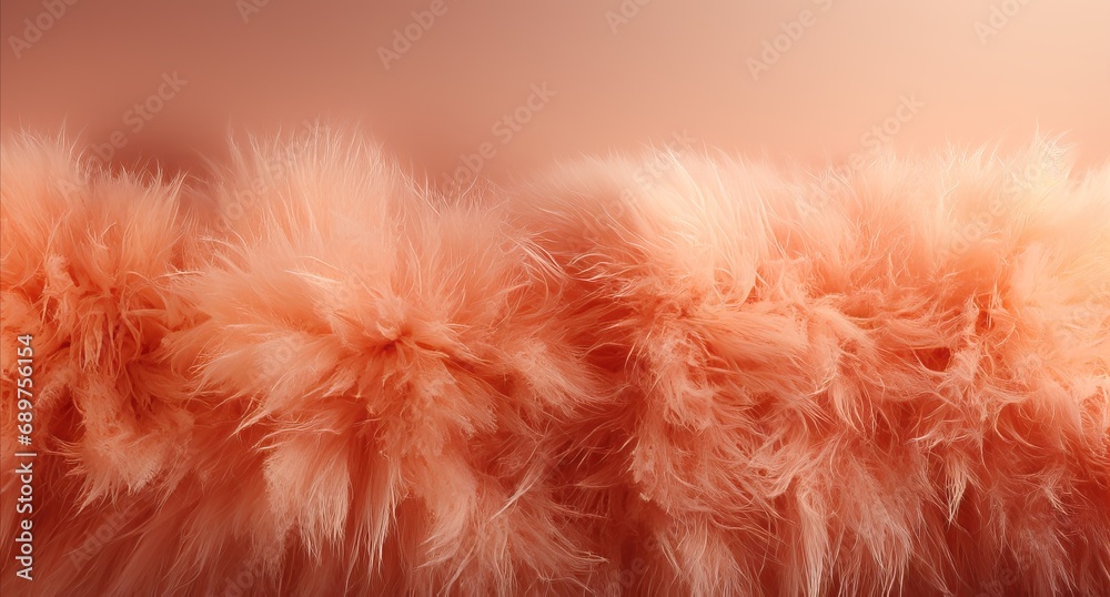 Fur background in Peach Fuzz shade, fluffy splash banner with space for ...