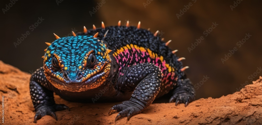 a close up of a lizard on a rock with spikes on it's head and a blue ...