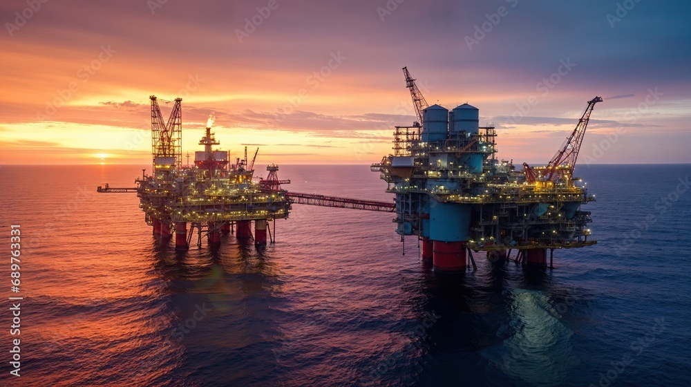 plateforme off-shore d'extraction de pétrole au couché du soleil Stock ...