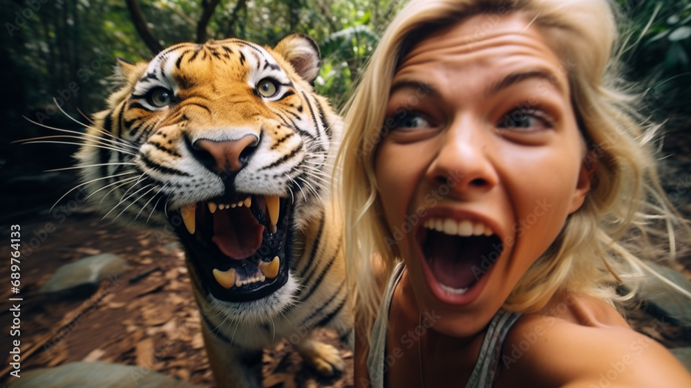 Candid closeup selfie of an gorgeous blonde young screaming woman, being chased by a tiger, in ...