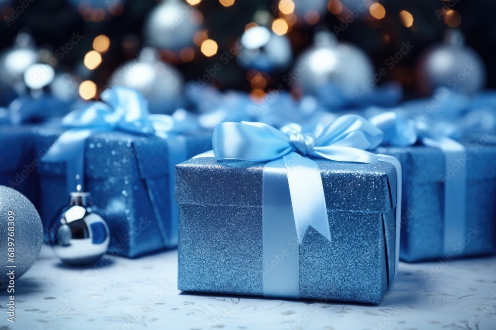 A beautiful blue gift box with a white ribbon and a silver ornament ...