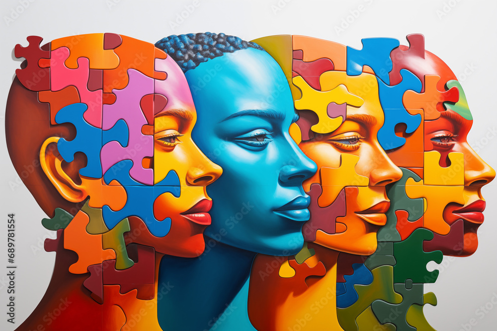 DEI, diversity equity and inclusion concept. Different faces puzzle ...