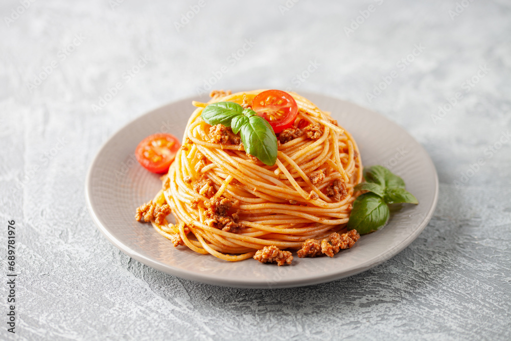 Pasta Spaghetti Bolognese in grey plate on gray background. Bolognese ...