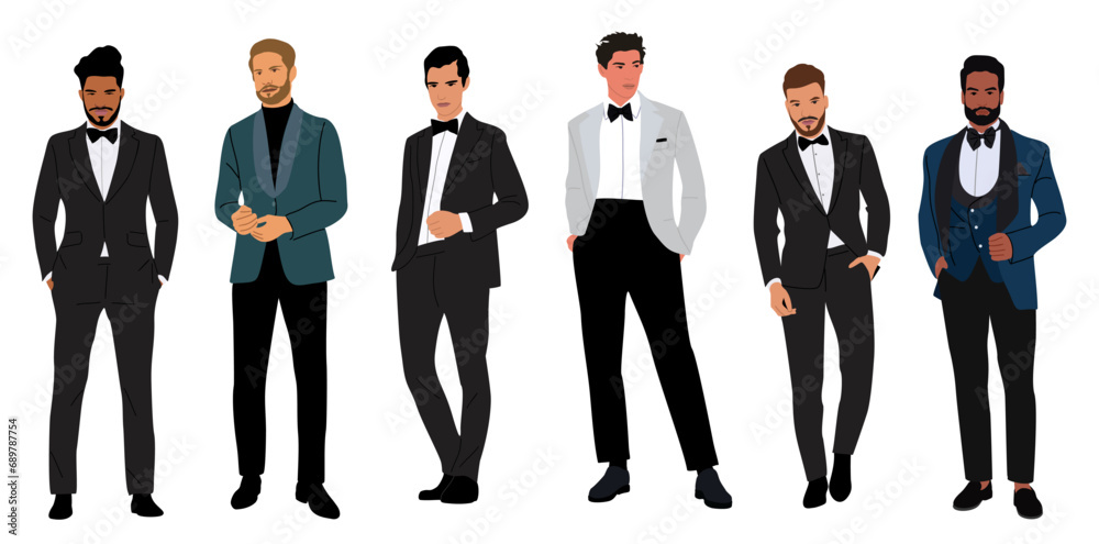 Set of elegant businessmen wearing formal tuxedo and bow tie for ...