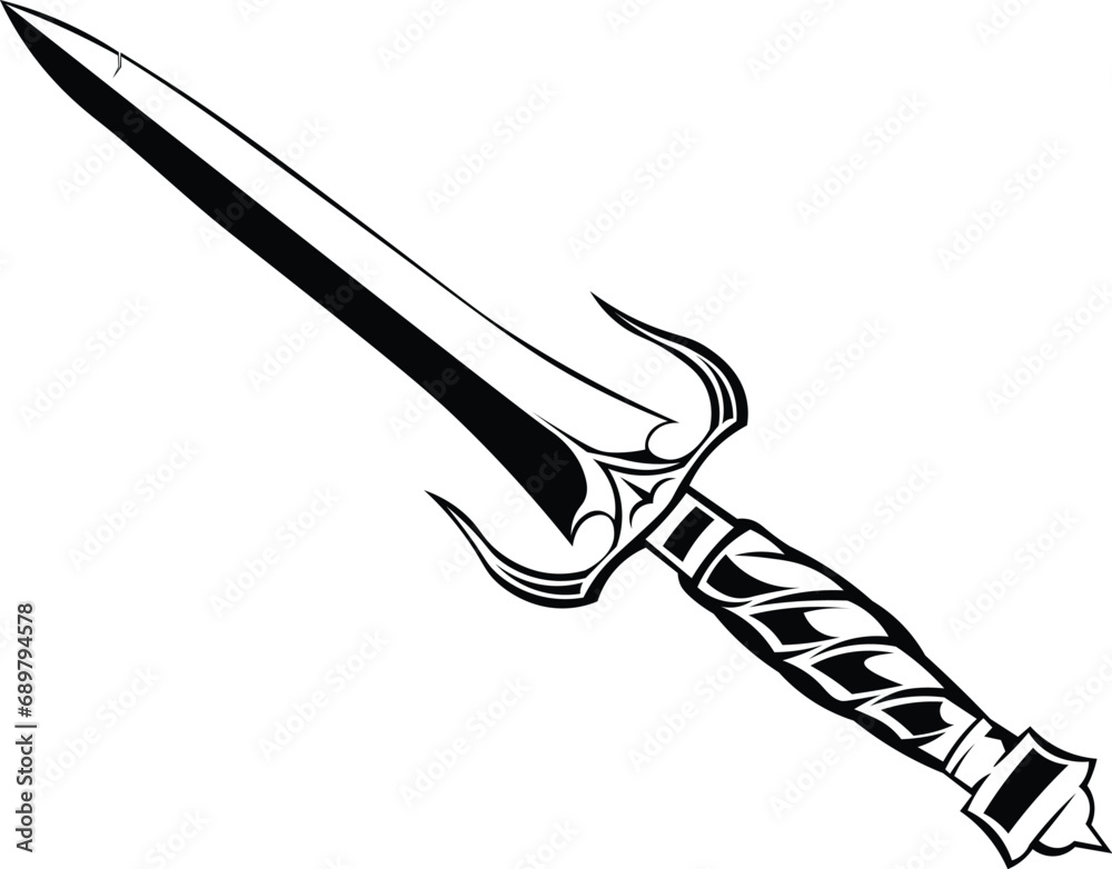 Cartoon Black and White Isolated Illustration Vector Of A Sai Dagger ...