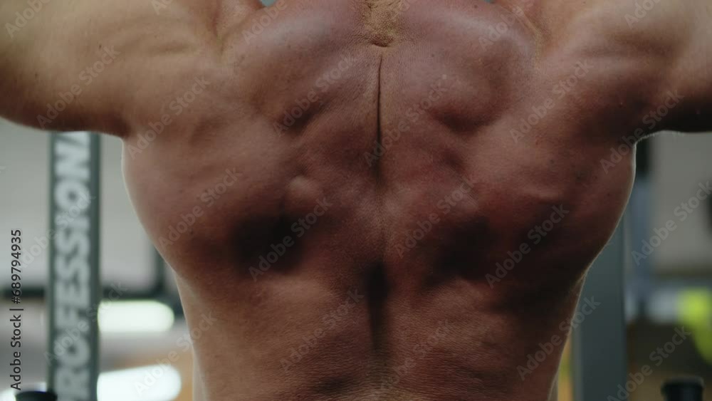 Young man bodybuilder is doing pull up in the gym on the horizontal bar ...