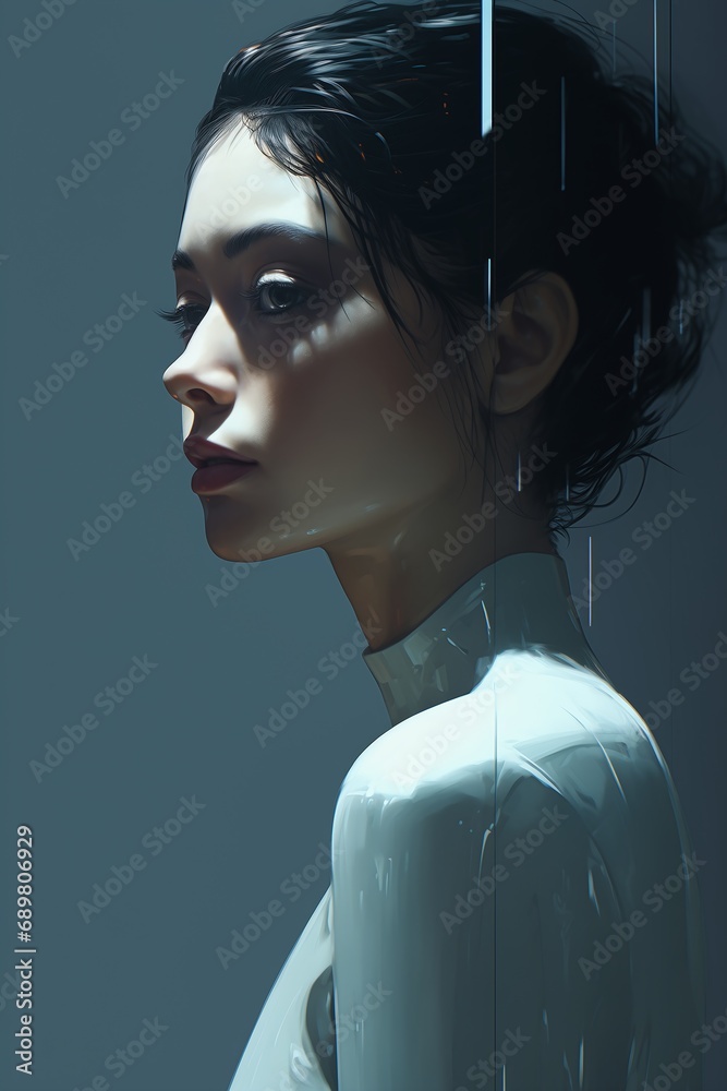 woman white shirt black hair glass shader portrait robot resin windows ...