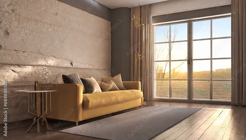 Corner sofa against window in room with stone cladding walls Farmhouse ...