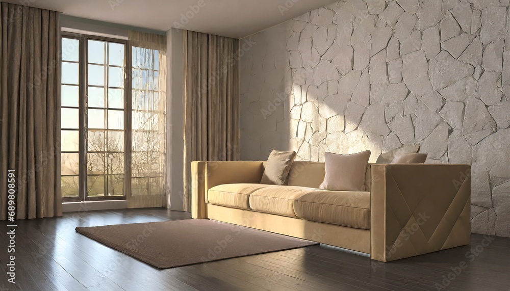 Corner sofa against window in room with stone cladding walls Farmhouse ...