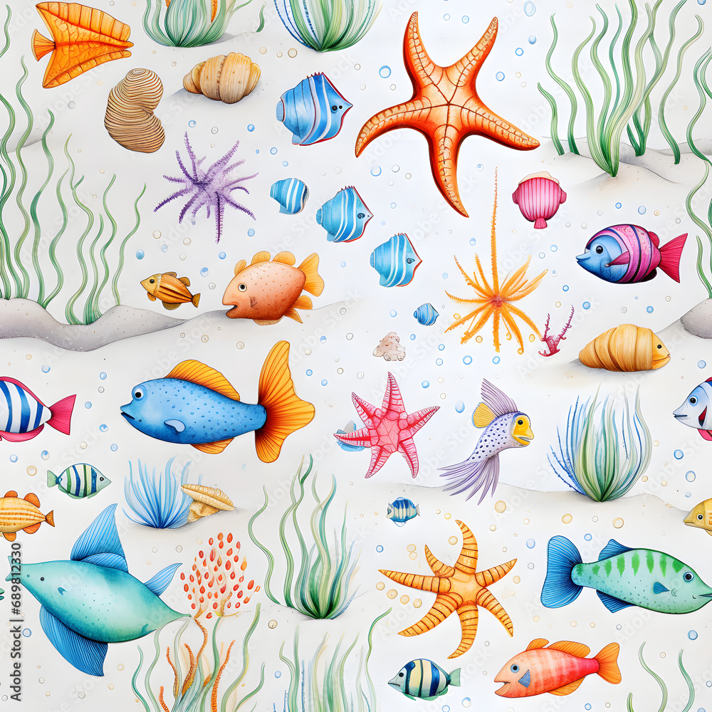 Sea life underwater in pencil drawing style. Kid drawing cartoon ...