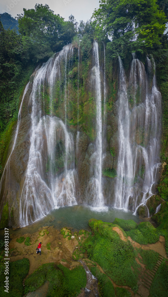 Aerial view of Ban Gioc Detian Falls along the Quay Son River on the ...