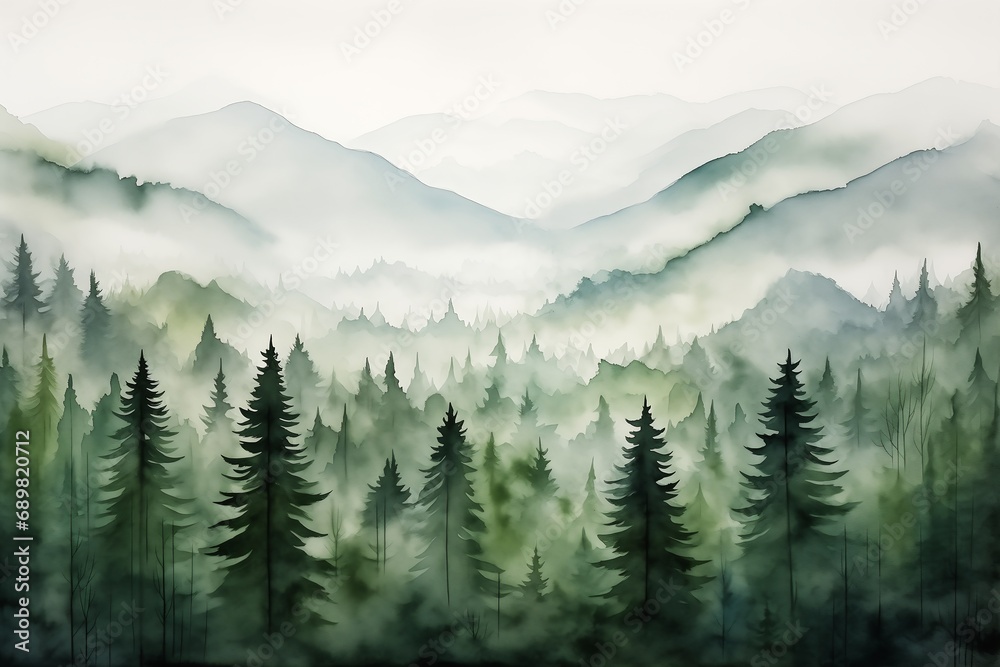 forest mountain background emerald color monochromatic wash inks ...
