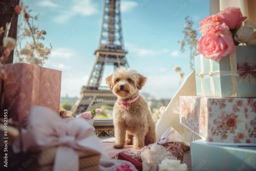 Cute dog on balcony with Eiffel tower view. Fluffy puppy dog with ...