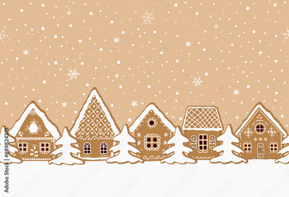 Gingerbread village. Christmas background. Seamless border. Gingerbread ...
