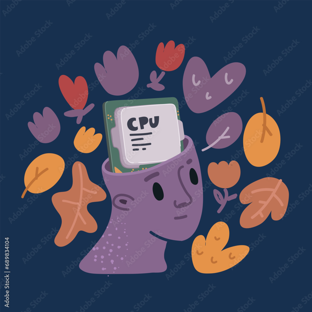 Cartoon vector illustration of Human brain mind head with artificial ...