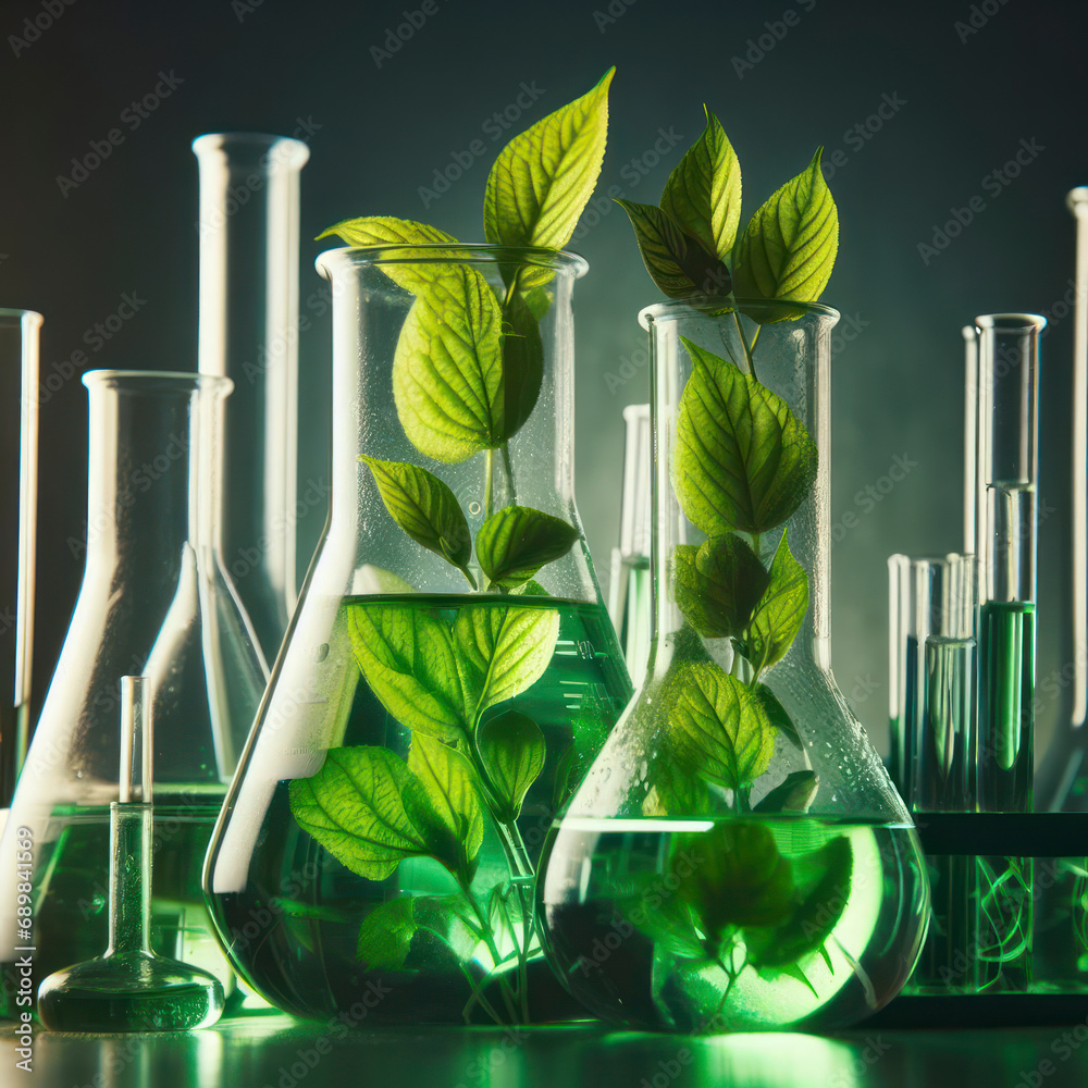 beakers plants, Green leaves in the flask filled with water, Green ...