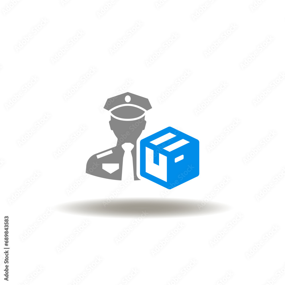 Vector illustration of officer and packaging box. Icon of customs ...