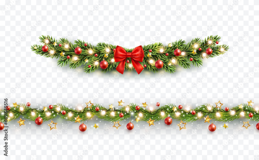 Christmas tree border with green fir branches, red bow, balls, gold ...