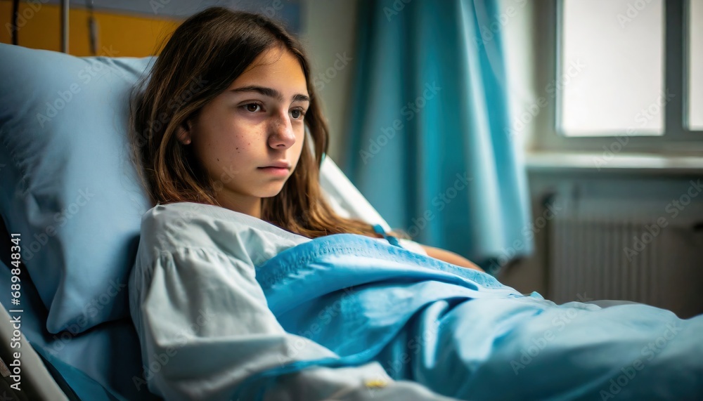 hospital or psychiatry bed, sad young teenager girl woman Stock Photo ...