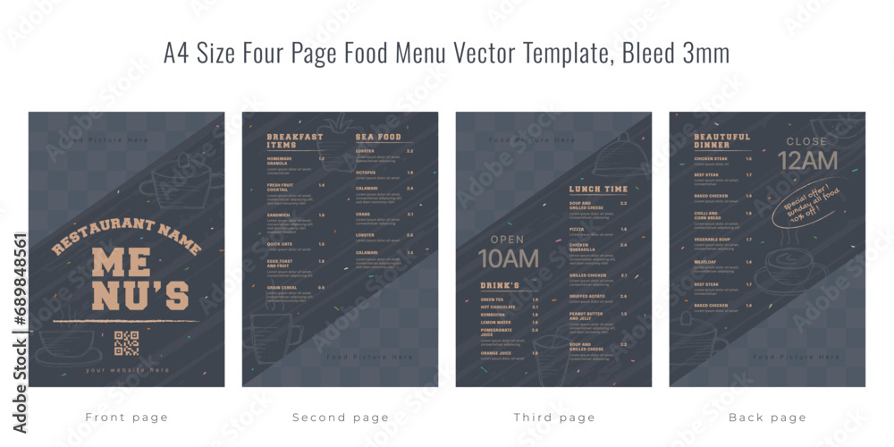 Restaurant cafe menu, template design, A4 size four page food menu ...