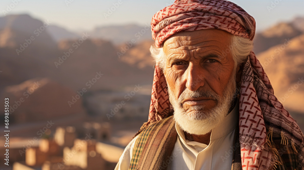 Middle Eastern man in traditional keffiyeh, aged face full of stories ...