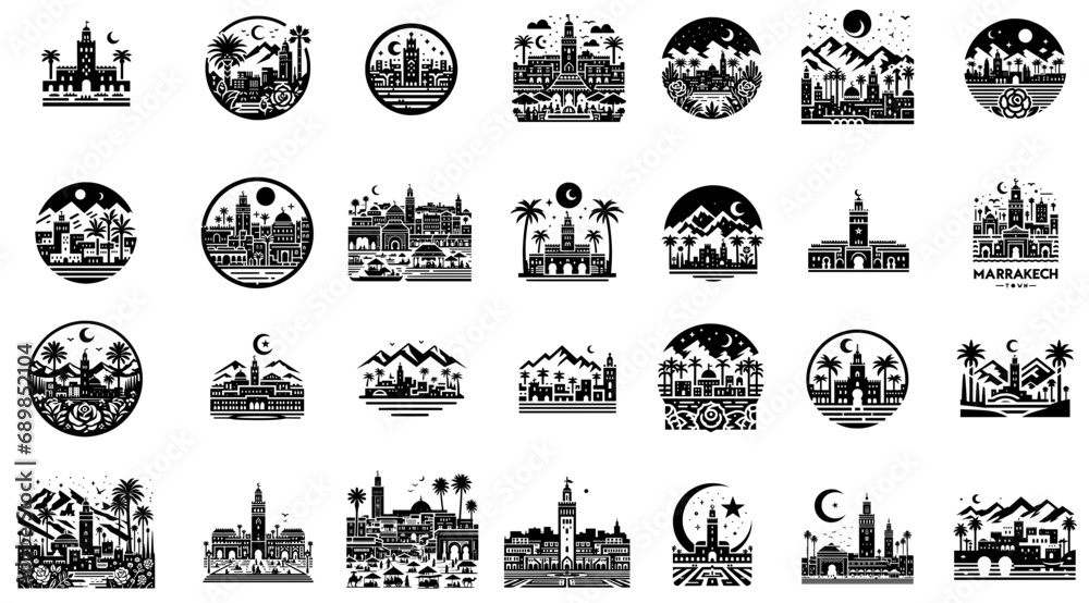 Marrakech City Skyline Vector Silhouette Outlines Icons and Pictograms ...